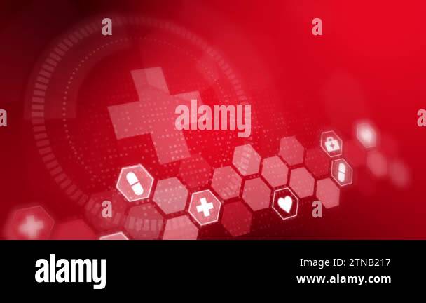 Loop medical red background and healthcare technology with flat hexagon ...