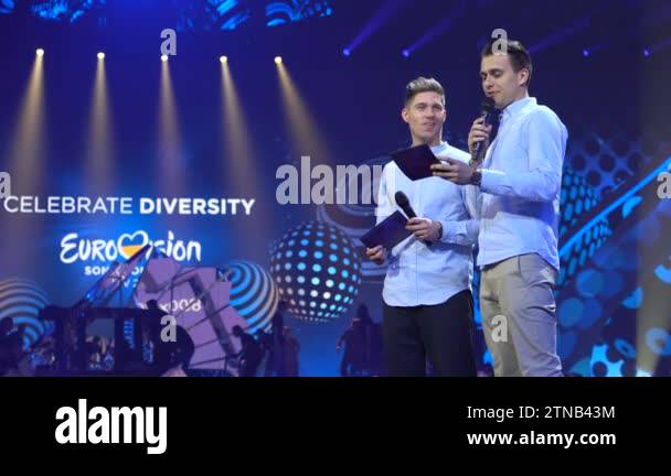 KIEV, UKRAINE - MAY 12, 2017: Tv presenters at the scene of Eurovision ...