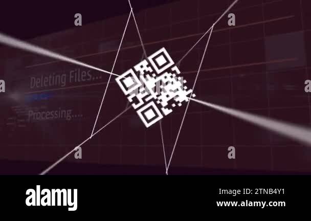 Animation of qr codes between lines over texts and computer language against black background ...