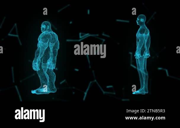 Background with animation of abstract interface. Two Humans body, head ...