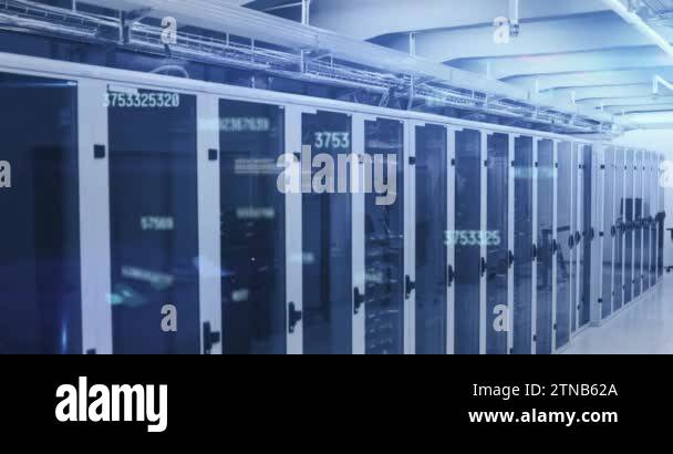 Animation of changing numbers and lens flares against serve room in background. Digital ...