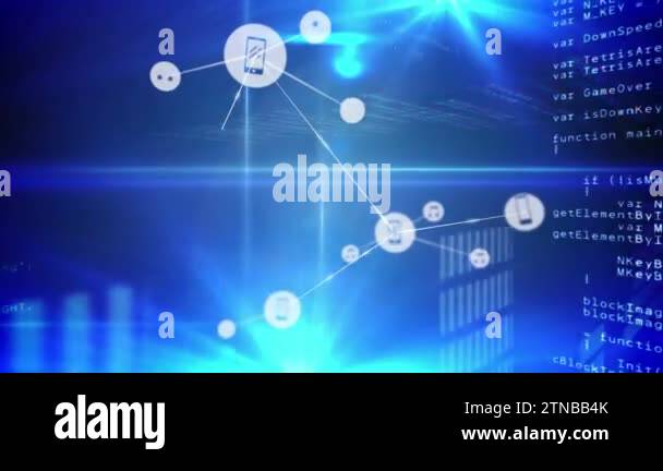 Animation of connected icons over bars, lens flares, computer language ...