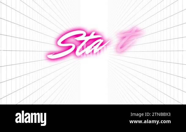 Animation of neon pink start text banner over grid network against ...