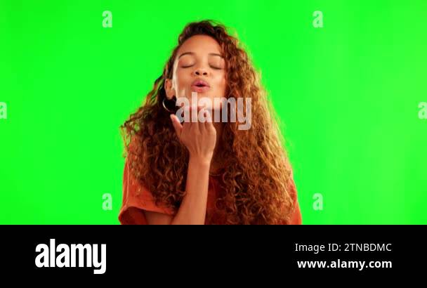 Green screen, woman and kiss gesture for flirting in a studio for love ...