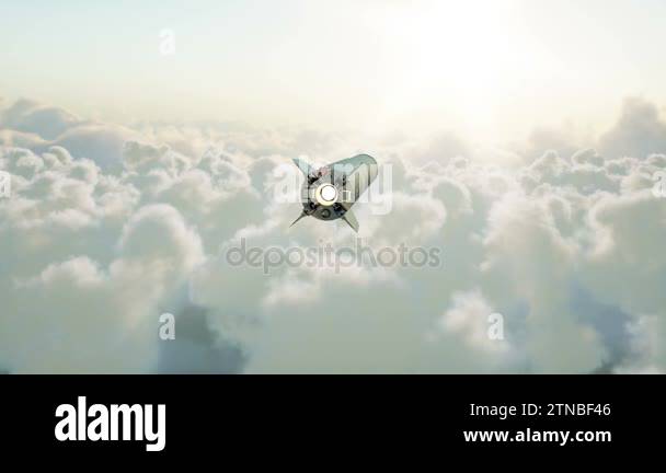 Ballistic nuclear rocket flying over clouds. War and military concept ...