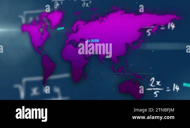 Animation of numbers on purple map over mathematical equation against ...