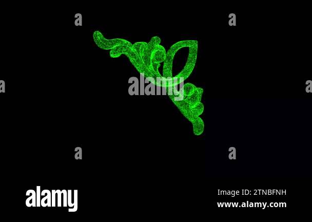 3D beautiful pattern rotates on black background. Object dissolved ...