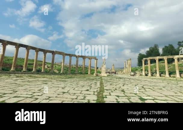Ancient historical pillars of an ancient Roman temple in Jordan Stock ...