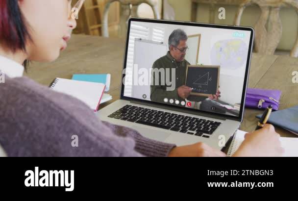 Diverse female student having class during laptop video call with male ...