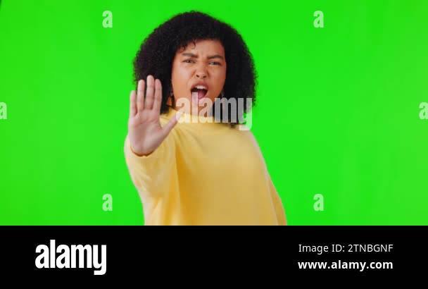Woman, scream stop and hand gesture on green screen, censored and ...