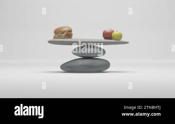 Junk Food vs Healthy Food concept, high calorie hamburger balanced with ...