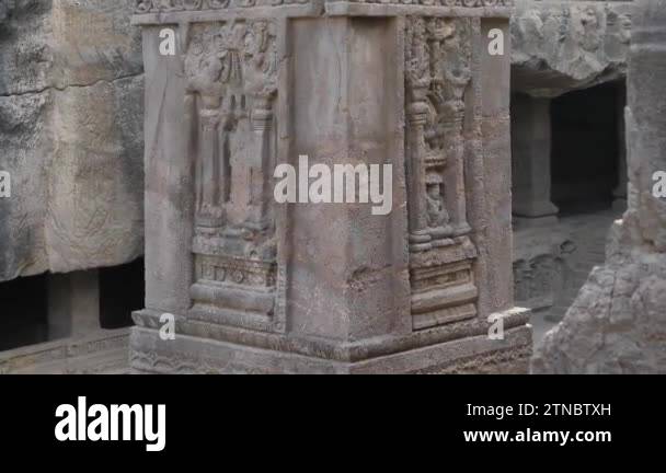 Different designs and symbols made over pillar at ellora caves Stock ...