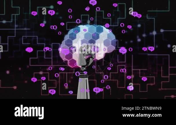 Animation of ai data processing over robot's arm, human brain and dark background. Global ...