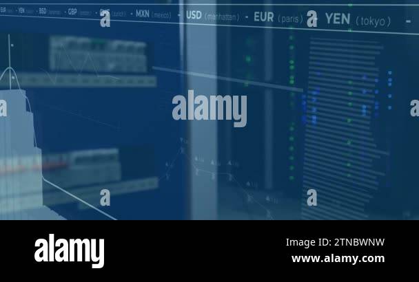 Animation of multiple charts and currency signs over data security room. Digital composite ...