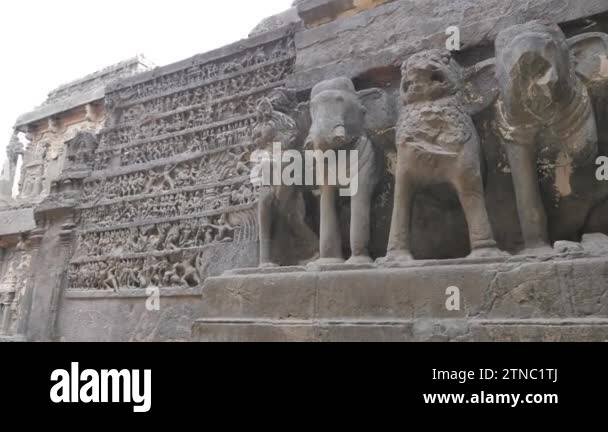 Different designs in the wall of ellora caves Stock Video Footage - Alamy