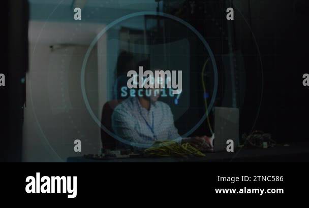 Animation of cyber security text, bar code, african american male ...
