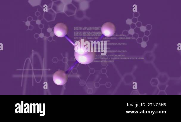 Molecular structures, element and dna strand diagrams with data processing over purple ...