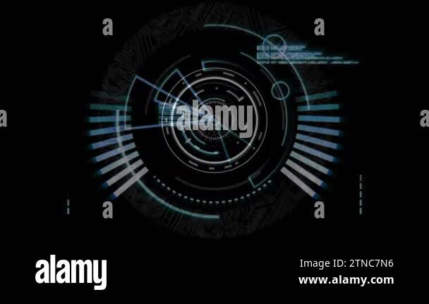 Animation of lines moving in loading circles over computer language against black background ...