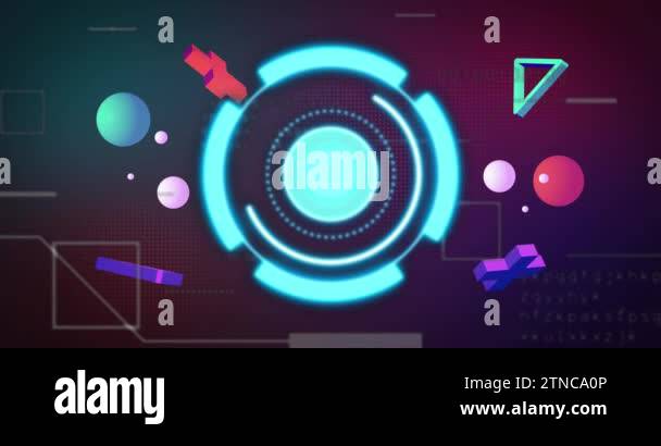 Animation of 3d shapes moving over blue scope and data processing on black background. Data ...
