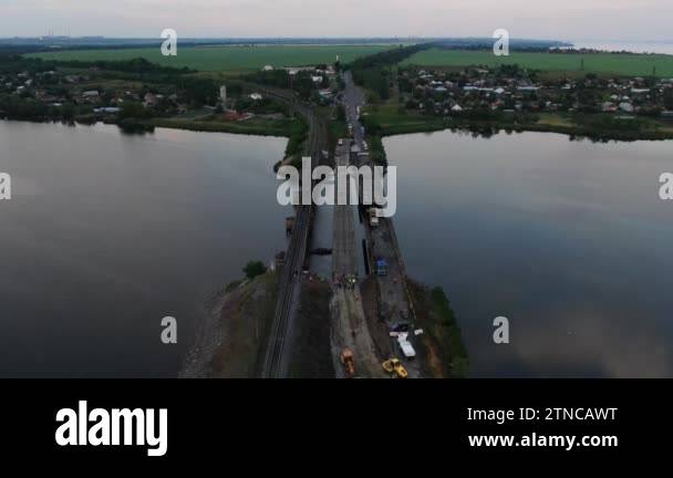 Pontoon bridge of the Ukrainian army. Installation of a temporary ...