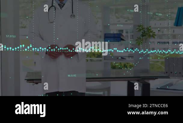 Animation of graphs with changing numbers over smiling caucasian doctor ...