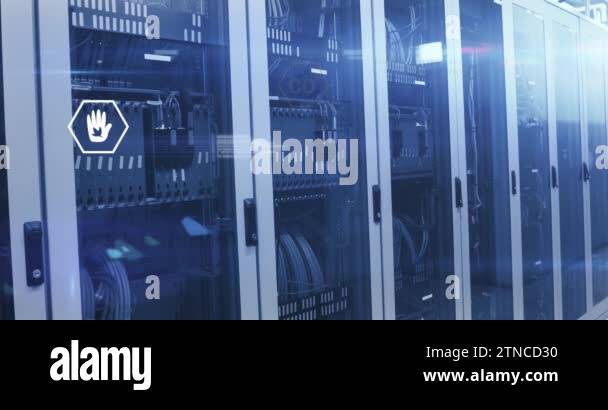 Animation of multiple digital icons, data processing and light spots against computer server ...