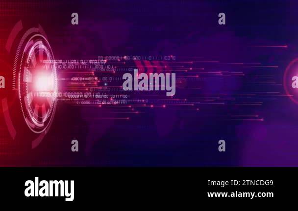 Violet glowing background with round HUD element. Moving bright rays of light with digital ...