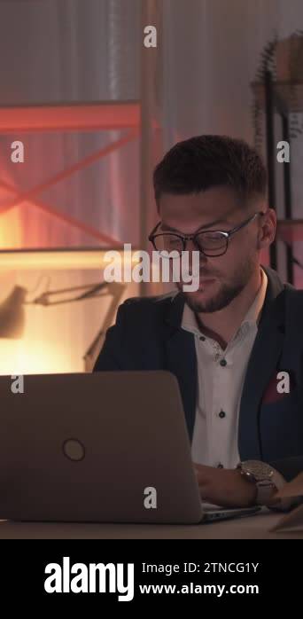 Vertical video. Distance work. Busy man. Research information ...