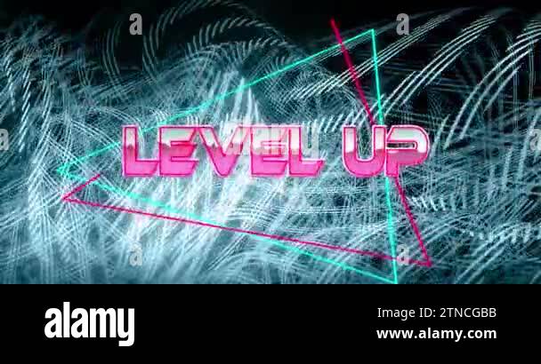 Animation of level up text banner against tangled blue light trails ...