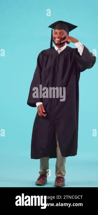 Graduation, call gesture and man in a studio for university success ...