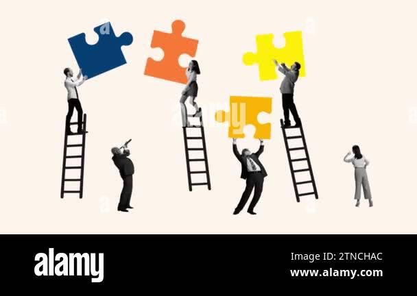 Contemporary art collage. Group of people making puzzles symbolizing ...