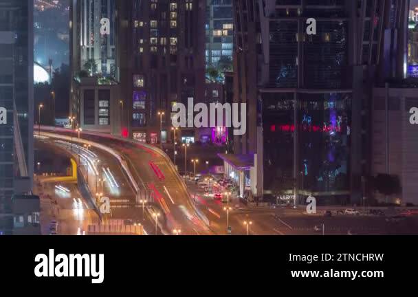 Top aerial view of busy road intersection and junctions in Dubai city ...