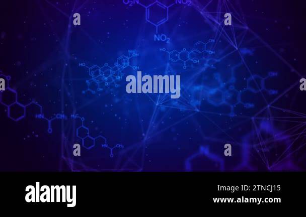 Abstract Chemical Blue Background With Structural Formulas Of Molecules Plexus Lines And Small
