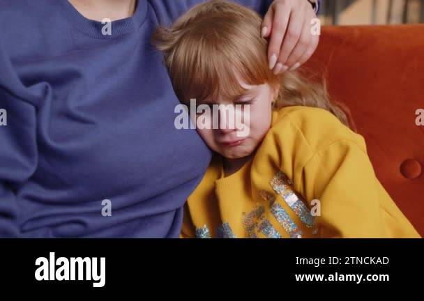 Portrait of offended upset child little girl kid crying with tears ...