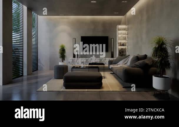 Modern living room 3D animation, contemporary interior design with ...