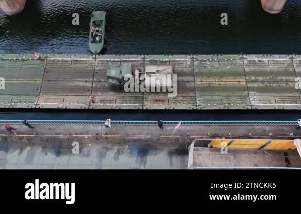 Pontoon bridge of the Ukrainian army. Installation of a temporary ...