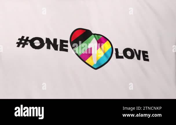 Hashtag symbol "One Love" and rainbow colored heart icon on white ...