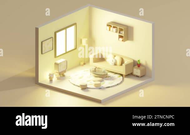 3D animation loop low poly of contemporary lounge area with beige couch ...