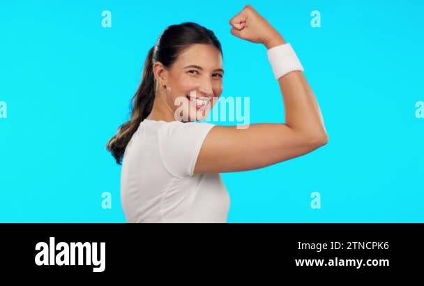 Woman, face and exercise for flexing, strong arms and muscle for smile ...