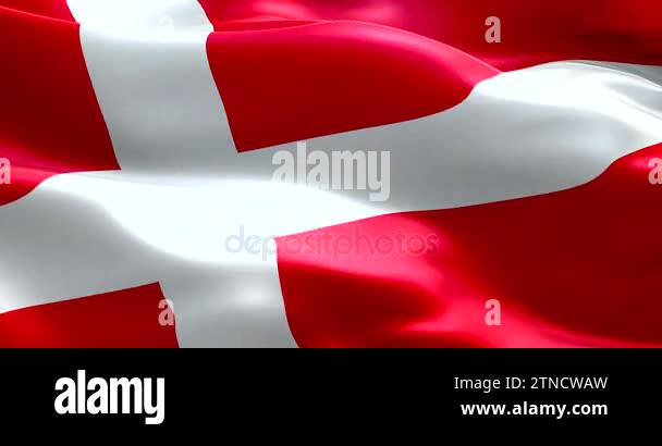 closeup of animation waving dannebrog denmark flag, with red background ...