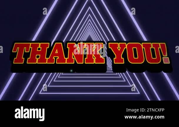 Animation of thank you text banner over triangular shapes in seamless pattern on black ...