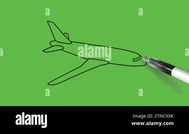 draw aeroplane fly in sky with black outline on abstract green screen ...
