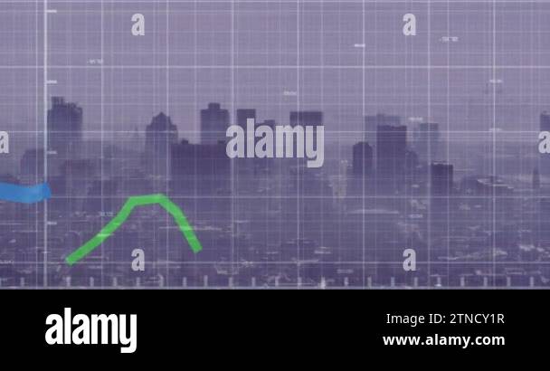 Animation of multicolored graphs with changing numbers over fog covered modern cityscape ...