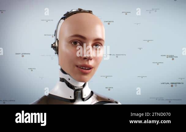 Face portrait of AI female robot. Realistic 3D graphics with computer ...
