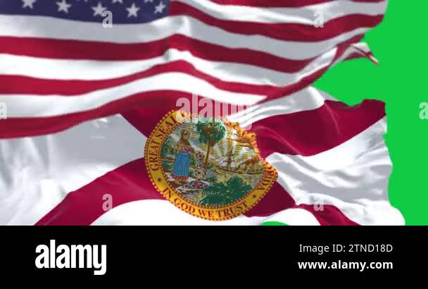 Florida and United States flags waving isolated on green background. US ...