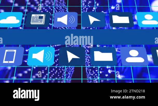 Animation of rows of media icons scrolling over grid and network of ...