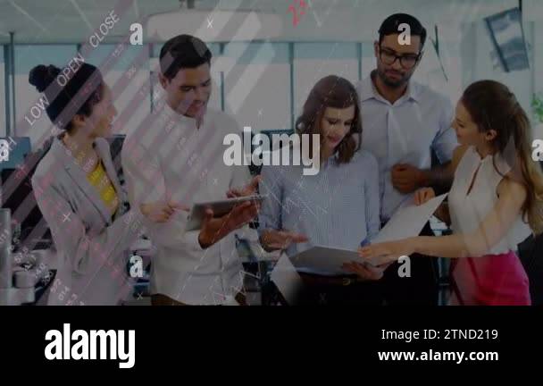 Animation of multicolored infographic interface over diverse coworkers ...