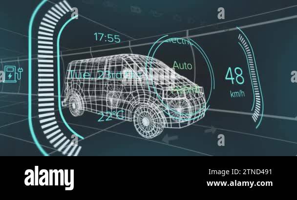 Animation of speedometer with numbers, texts over 3d model of van against black background ...