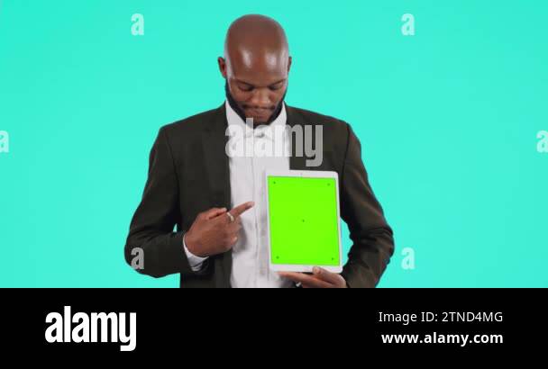 Tablet, green screen and business man presentation for mistake, bad ...