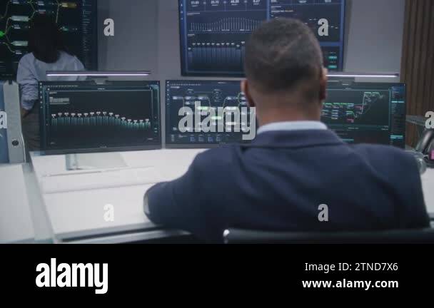 Software Programmer Sits In Front Of Computer With Blockchain Network 2935